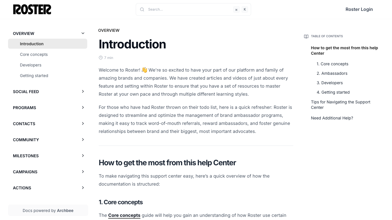 Roster | Documentation Portals built with Archbee