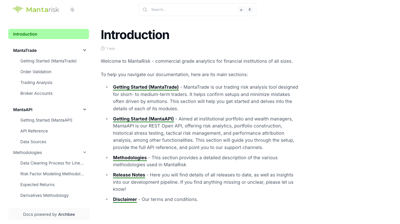 MantaRisk | Documentation Portals built with Archbee