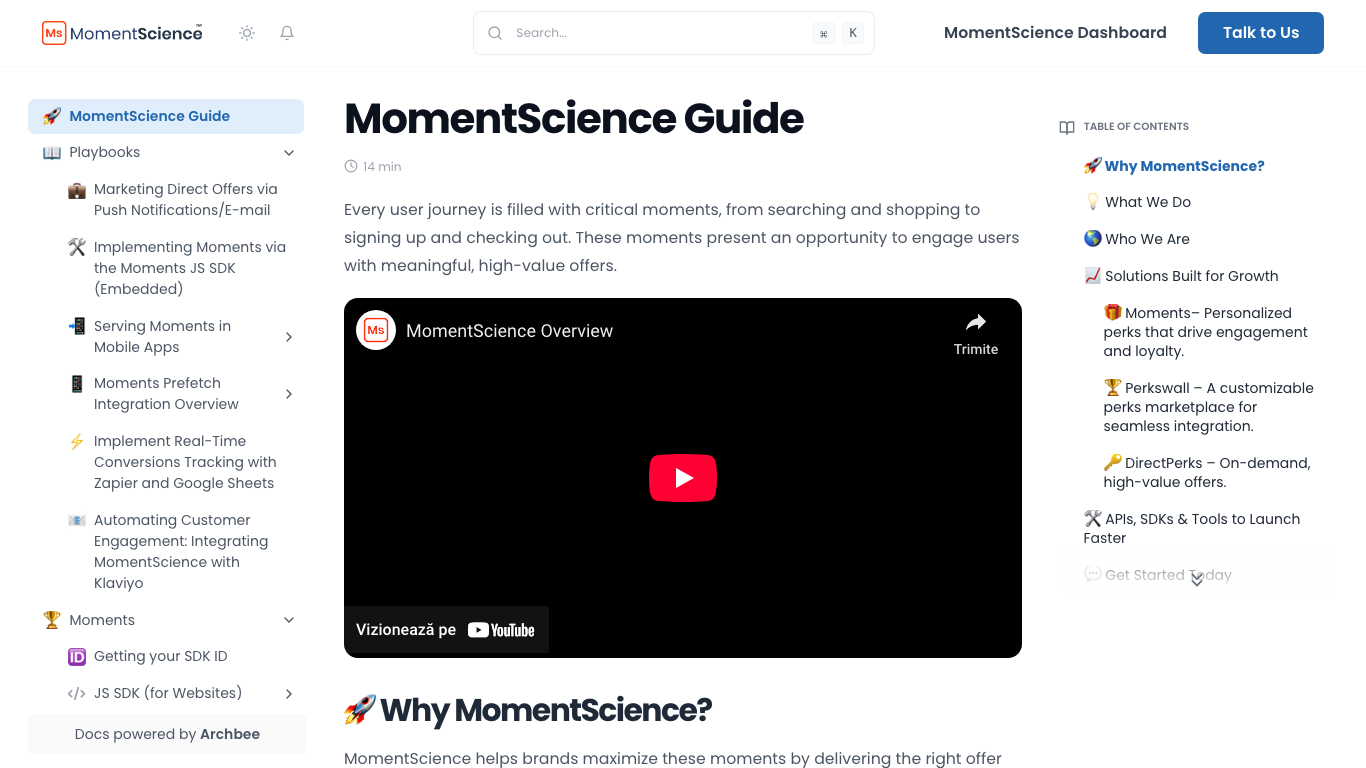 MomentScience | Documentation Portals built with Archbee