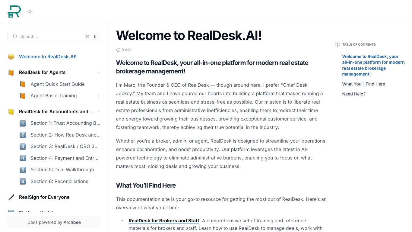 RealdeskAI | Documentation Portals built with Archbee